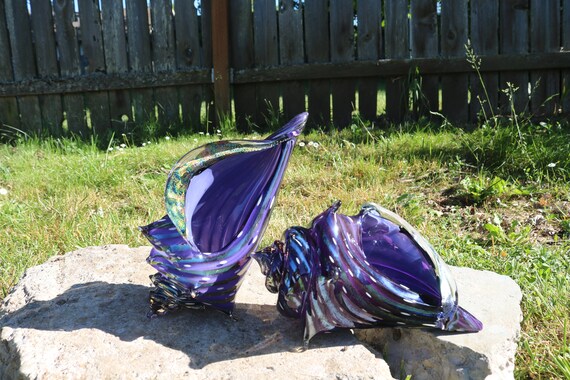 Hand Blown Seashell Handmade Glass Sea Conch Flat Bottom Display Holder ...
