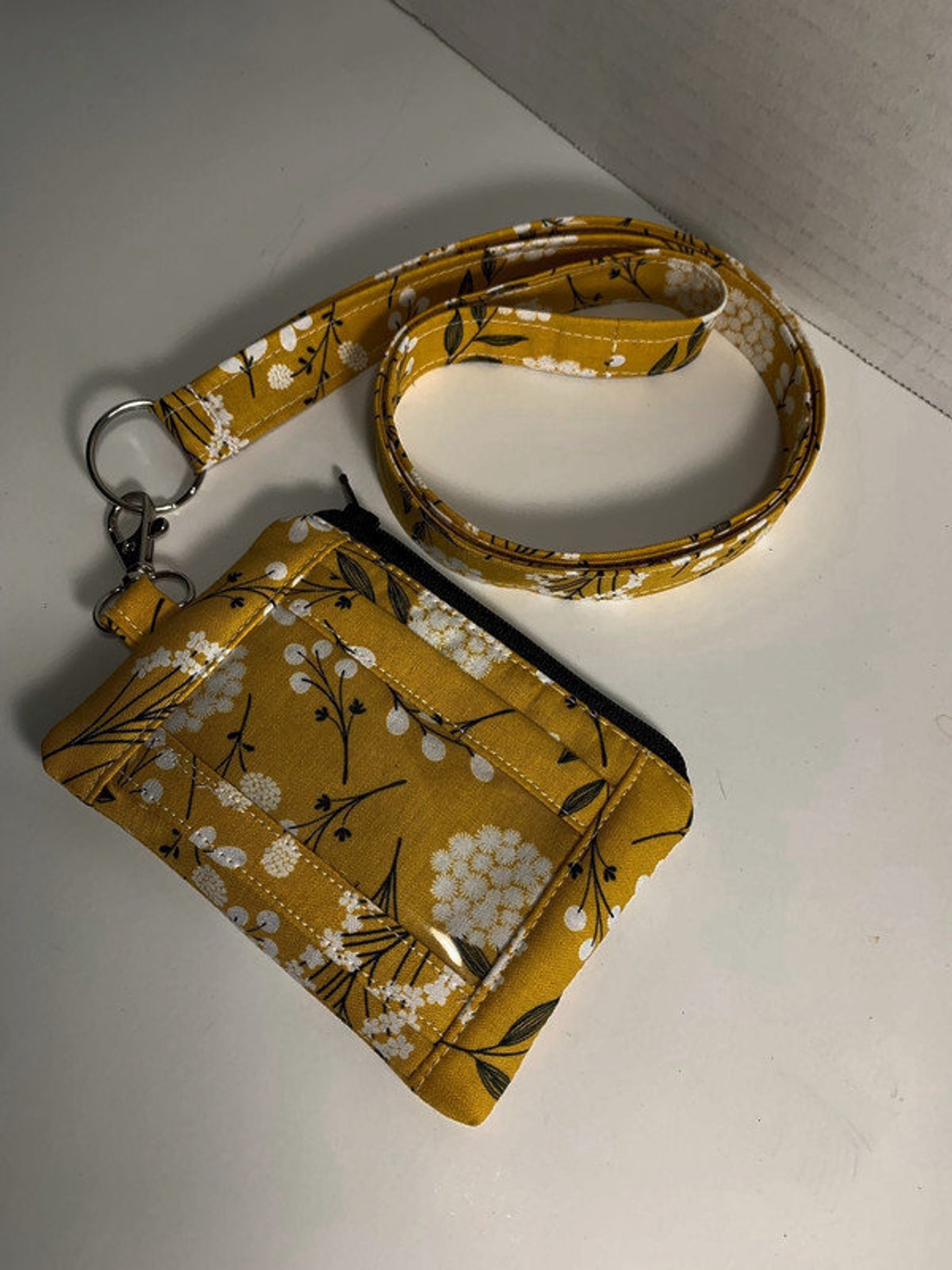 ID Wallet Pouch With Lanyard//yellow Floral ID Pouch With Lanyard//id ...