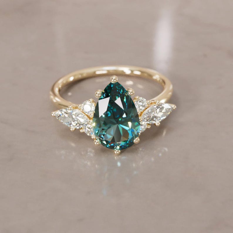 Pear Teal Sapphire Engagement Ring | Vintage Moissanite Accents - Etsy