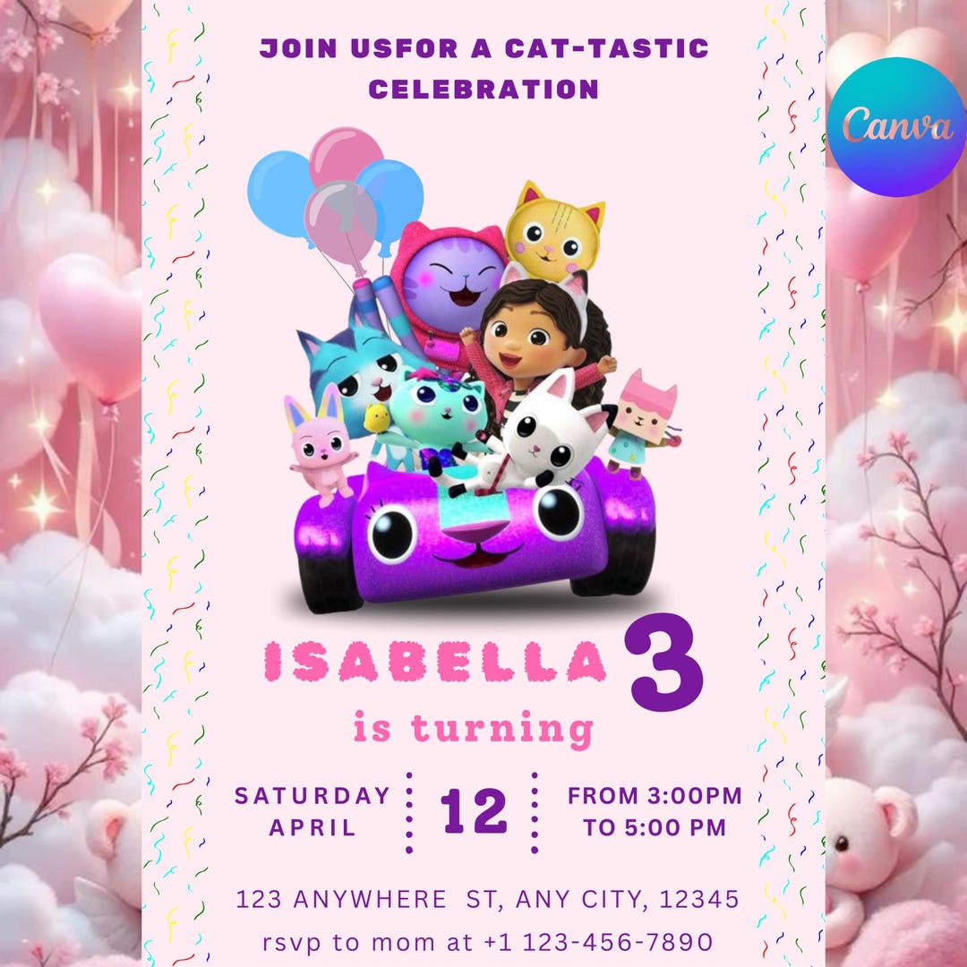 Gabby's Dollhouse Birthday Invitation, Editable Pandy Cat Theme ...