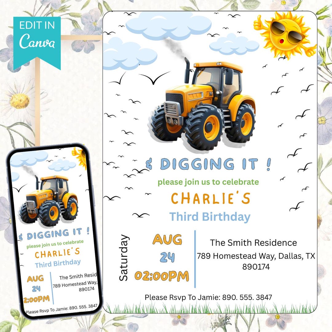 Construction Birthday Invitation, Editable Diggin' It Party Printable ...