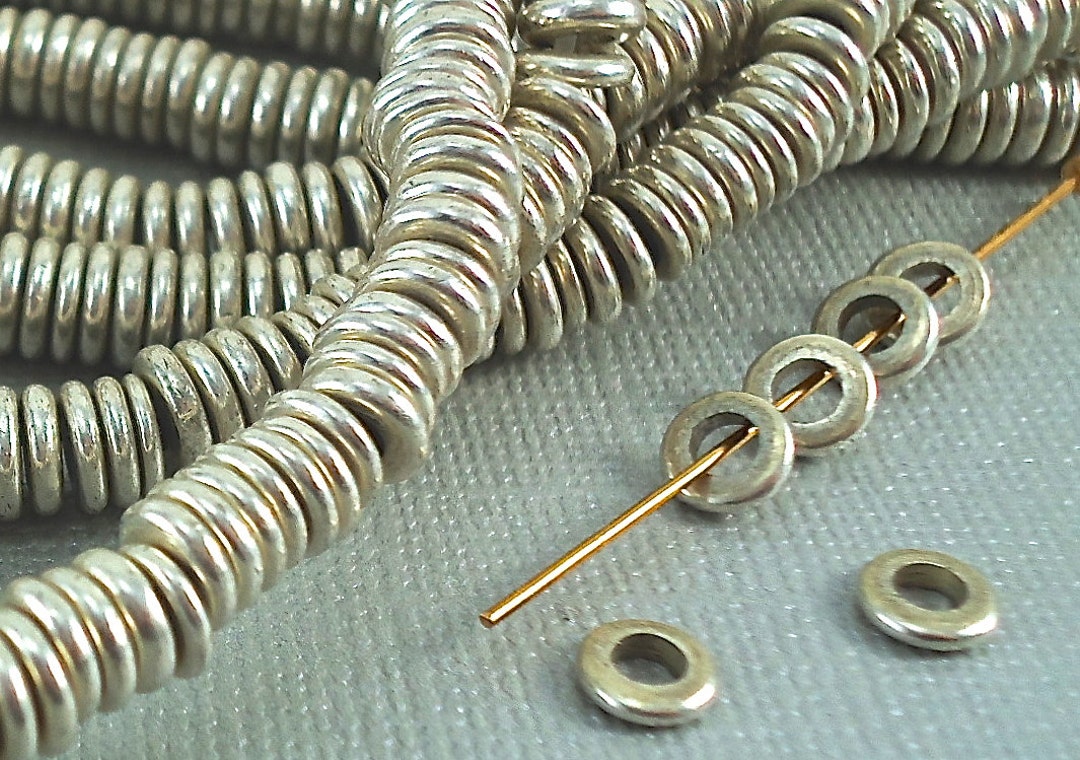40 Silver Beads Disk 6mm Heishi Disc Spacer Big Hole Silver Plated ...
