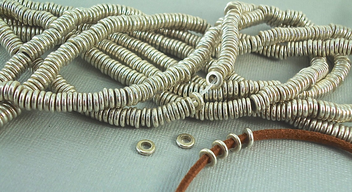 40 Silver Beads Disk 6mm Heishi Disc Spacer Big Hole Silver Plated ...