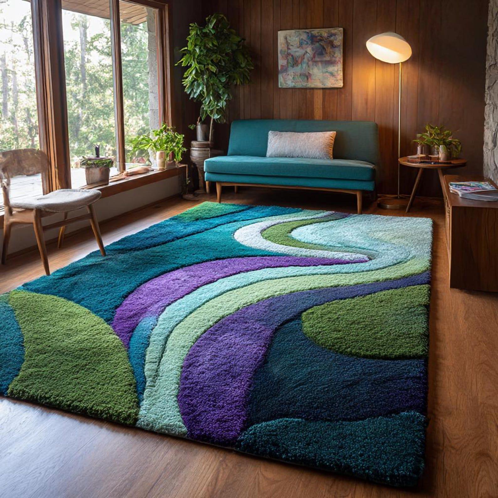 Handmade Abstract Multicolor Area Rug – Teal, Aqua, Green & Purple Wave ...