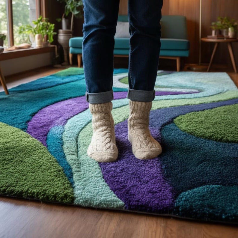 Handmade Abstract Multicolor Area Rug – Teal, Aqua, Green & Purple Wave ...