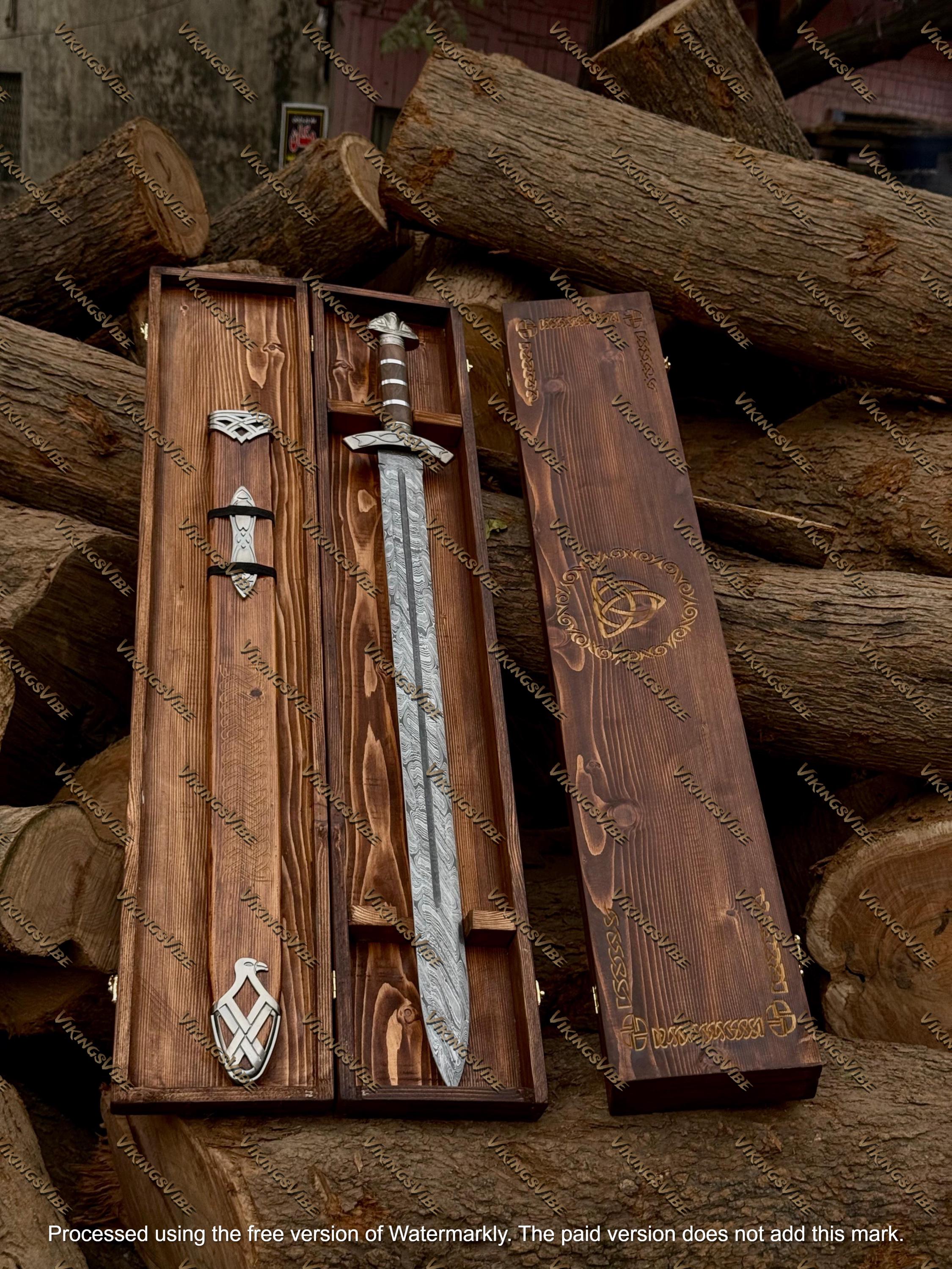 Pair Viking Sword & Wooden Box | Handmade High-quality Damascus Steel ...