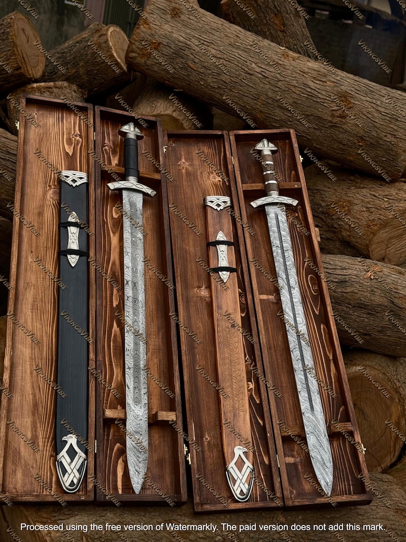 Pair Viking Sword & Wooden Box | Handmade High-quality Damascus Steel ...