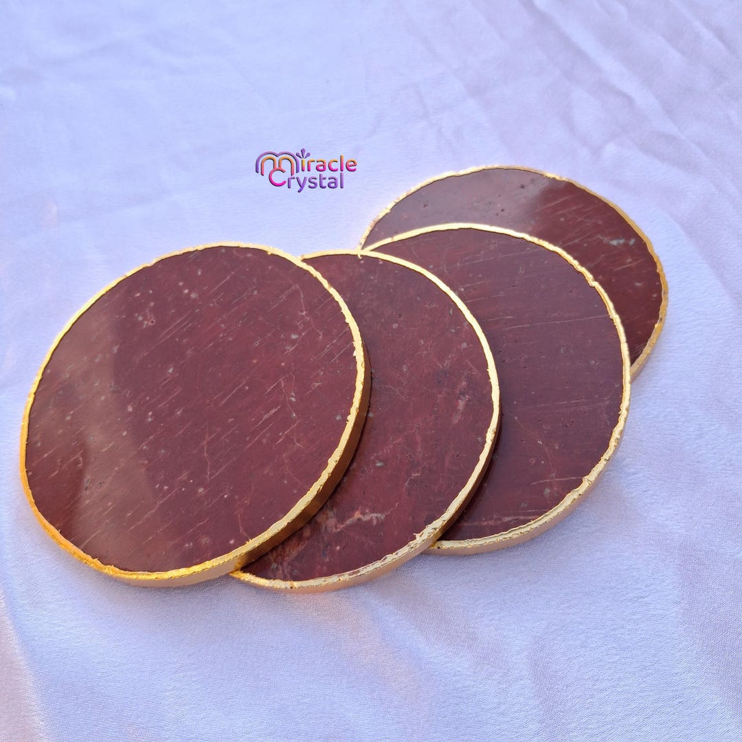 Red Jasper Coasters With Gold Edge - Unique Stone Tableware Set - Etsy