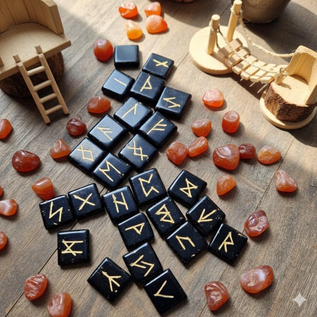 Black Obsidian Rune Set: Engraved Elder Futhark, Divination Tool - Etsy