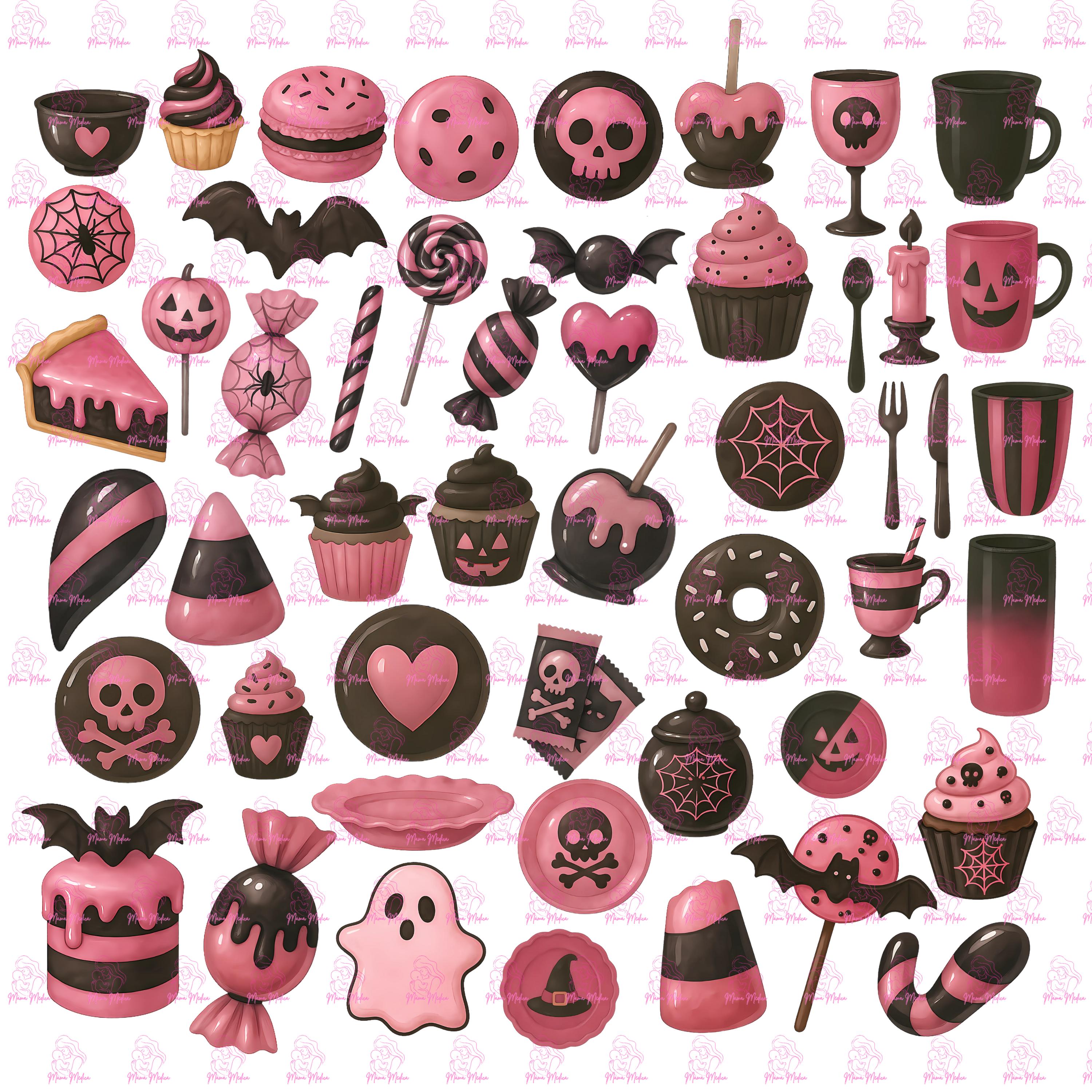 Halloween Treats Clipart, Spooky Cakes, Candy, and Tableware, Pink and ...