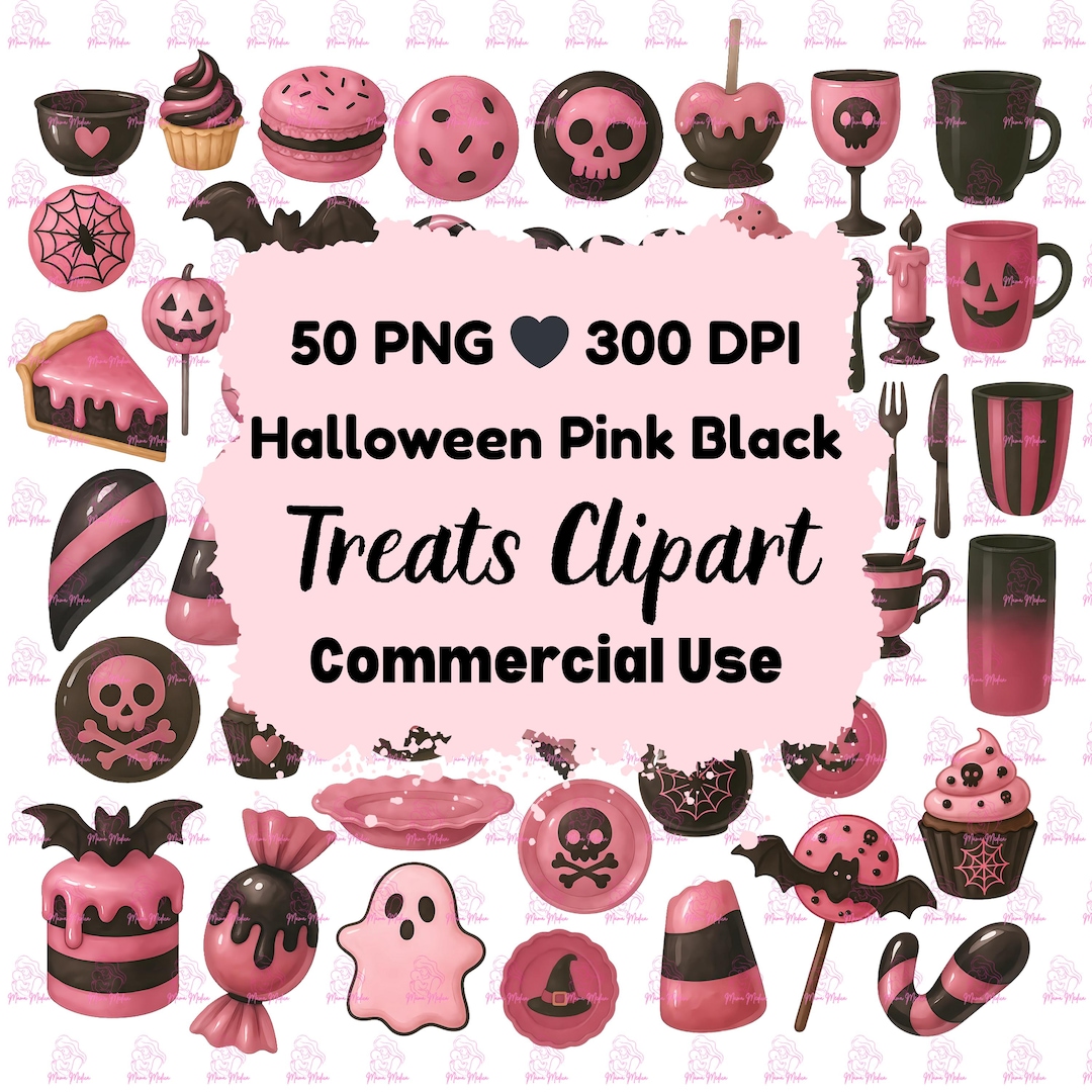 Halloween Treats Clipart, Spooky Cakes, Candy, and Tableware, Pink and ...