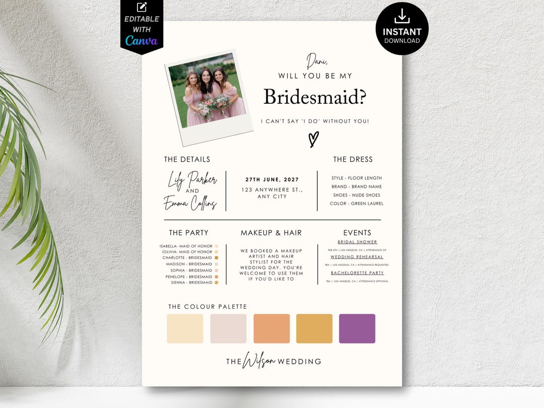 Editable Bridesmaid Information Card, Printable Wedding Party Template ...