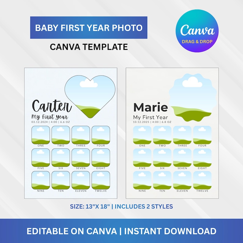 Baby First Year Milestone Template | Canva Editable Monthly Memory ...