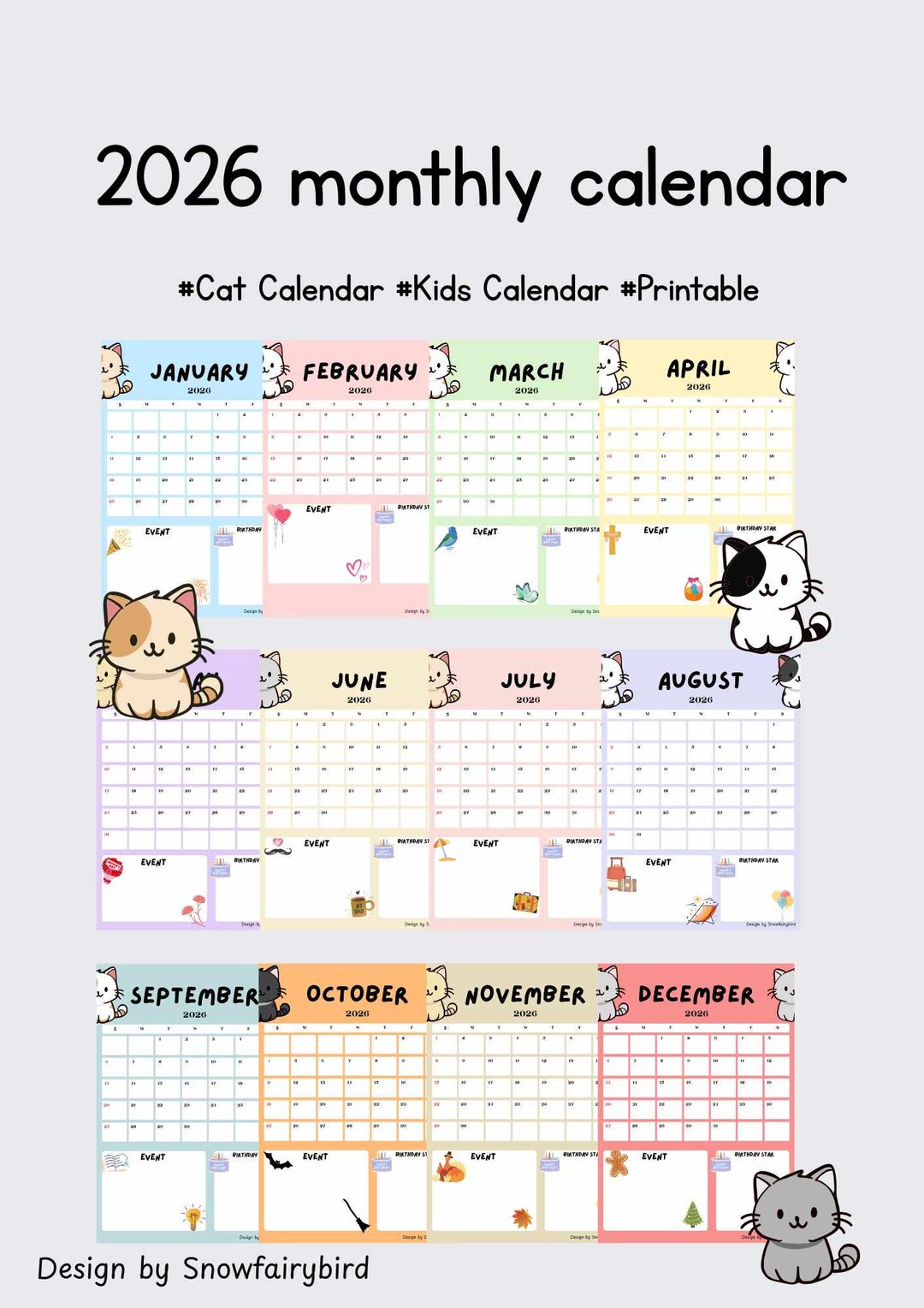 2026 Calendar: Monthly Planner for Kids for Cat Lovers (PDF) - Etsy