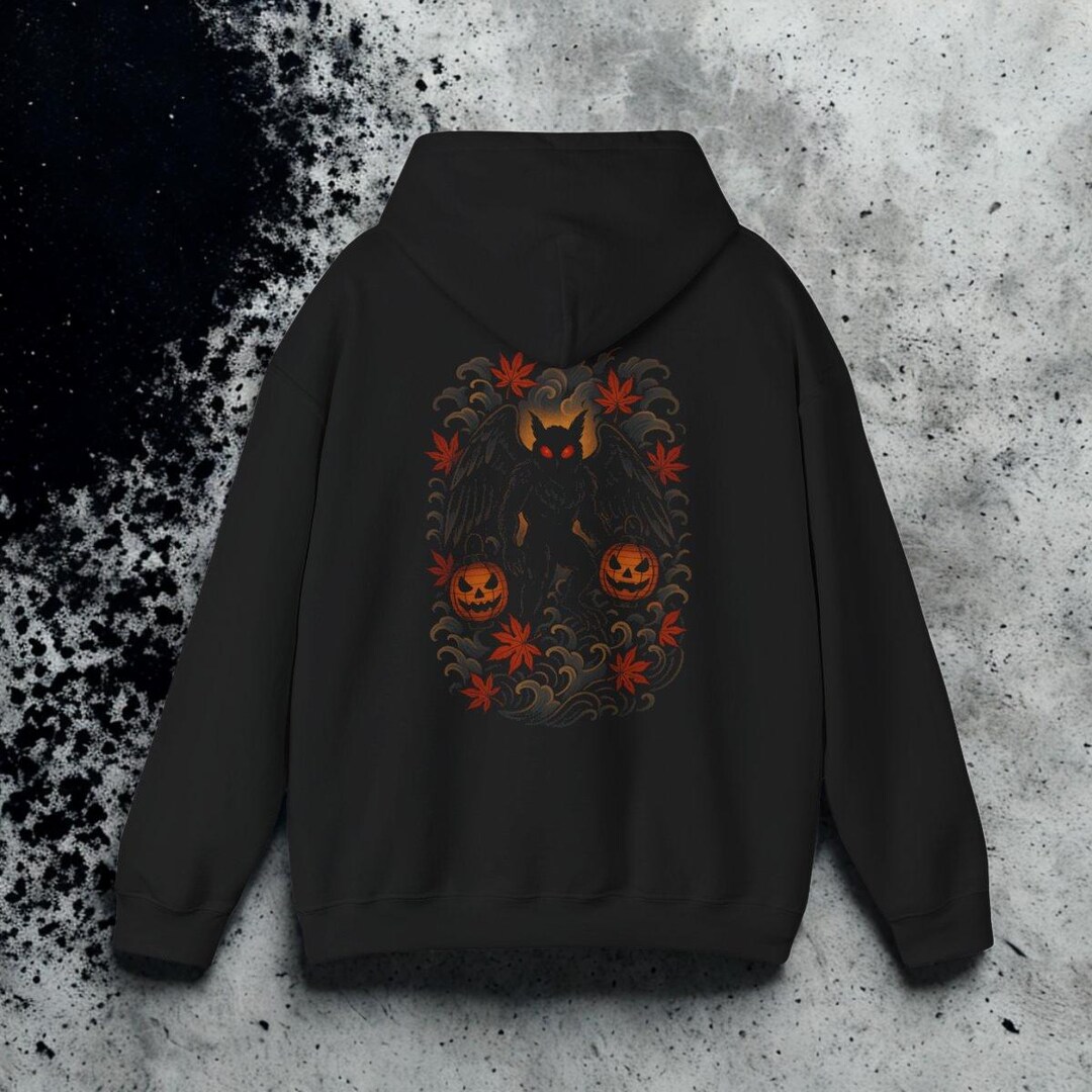Mothman Halloween Hoodie, Japanese Wave & Maple Leaves With Jack-o ...