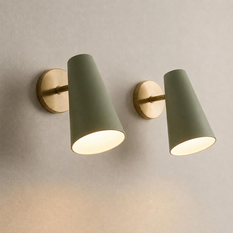 Mid Century Modern Cone Sconce, Green Brass Bedside Lamp, Nordic Wall ...