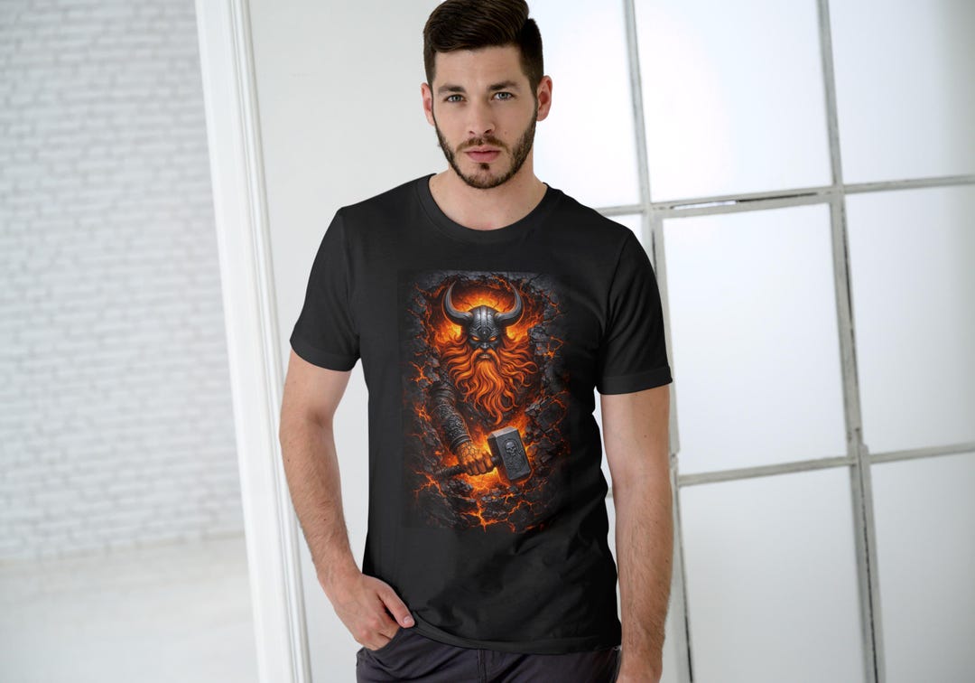 Flaming Viking Warrior Tee | Horned Helmet, Fiery Beard, War Hammer ...