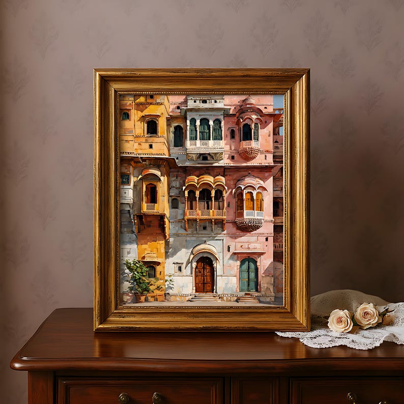 Rajasthani Haveli Oil Painting Print, Indian Architecture Wall Art ...