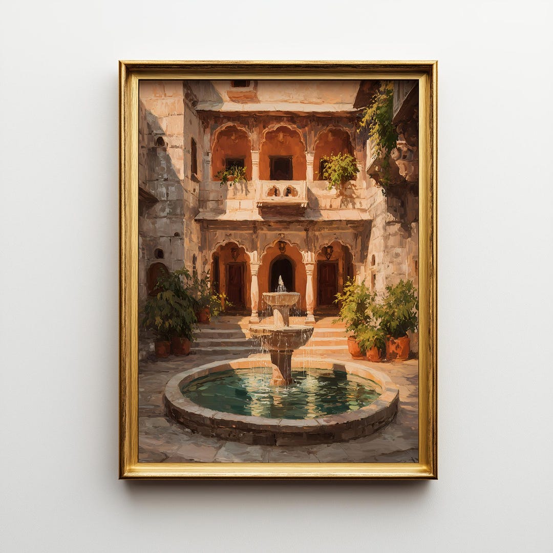 Indian Haveli Courtyard Oil Painting Print, Heritage Architecture Wall ...