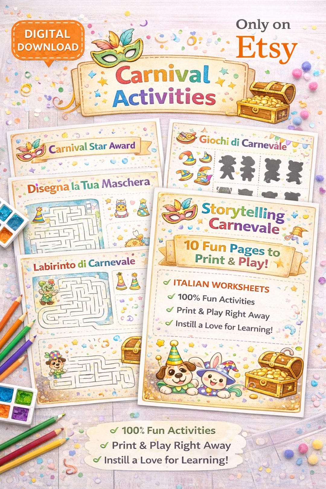 Carnival Activity Kit for Kids – Coloring Masks, Printable Games, Mazes ...