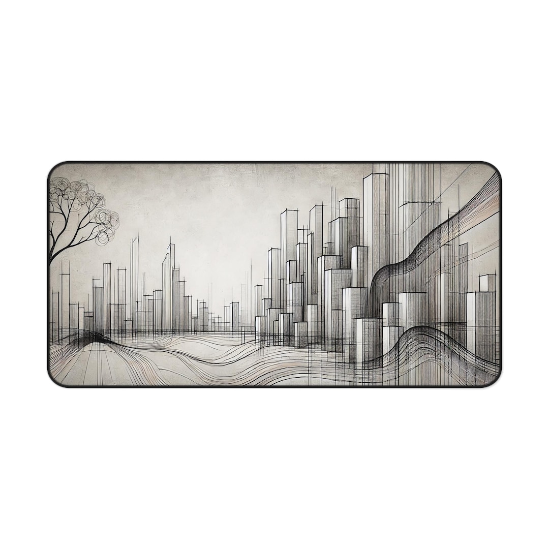 Desk Mat, Architectural Panoramic Continuous Line Minimal Monochromatic ...