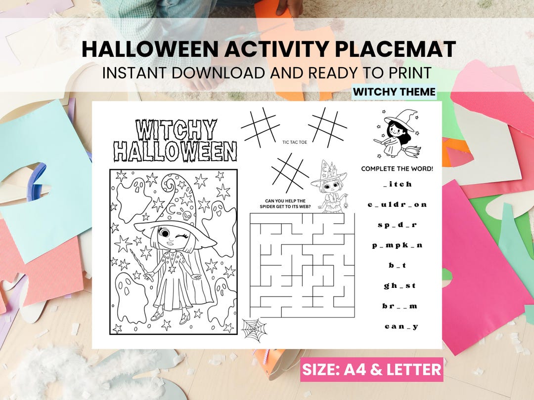 Halloween Witch Activity Placemats Printable Kids Games, Tracing, Maze ...