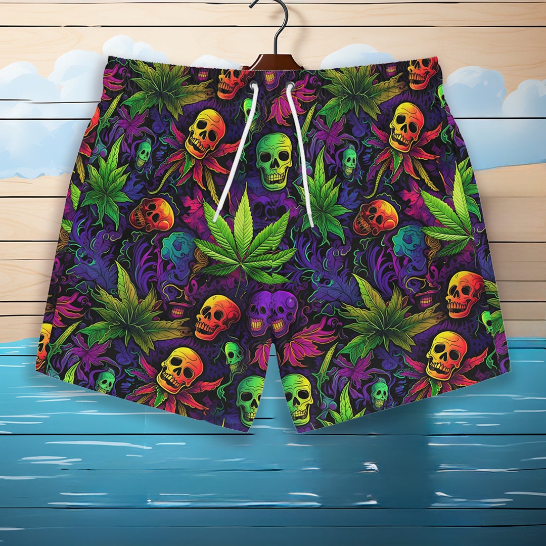 Psychedelic Skulls Swim Trunks, Spooky Hippie Stoner Beachwear for a ...