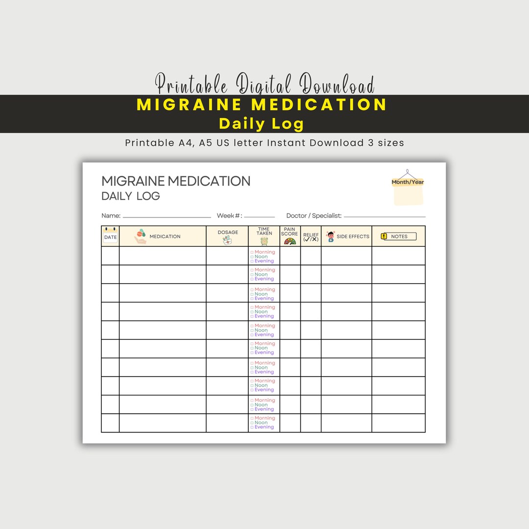 Migraine Medication Tracker Printable | Daily Pain Relief Log & Health ...