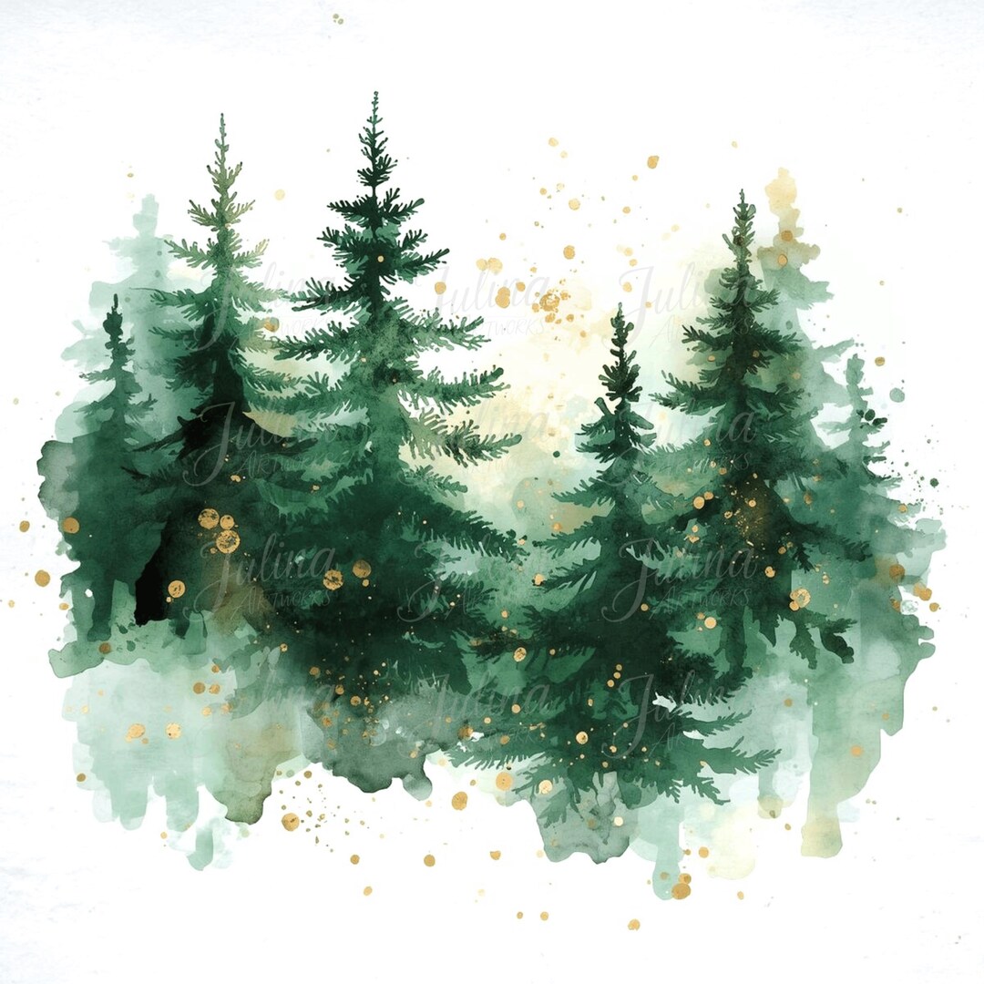 12 Watercolor Winter Forest Clipart Set, Dark Green & Gold Forest ...