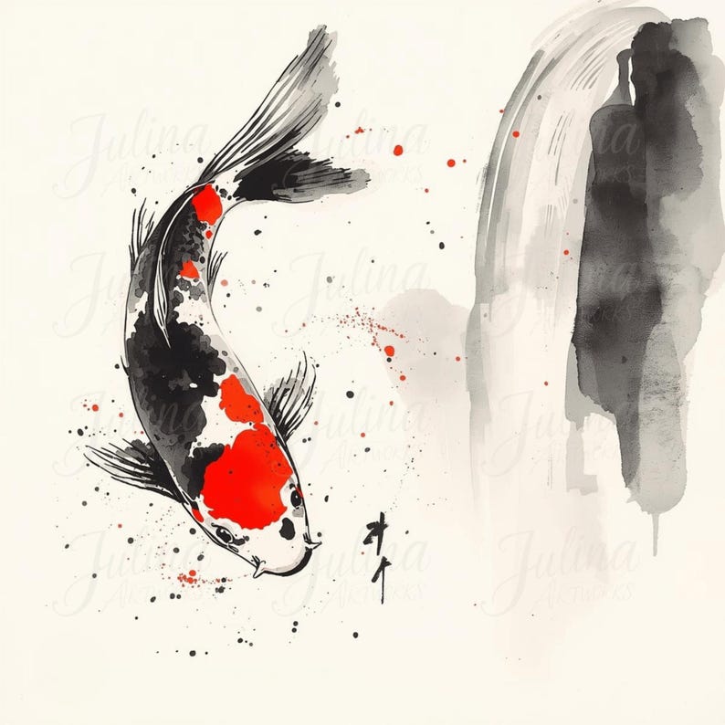 12 Koi Sumi-e Watercolor Clipart, Japanese Koi Fish Ink Painting, Zen ...