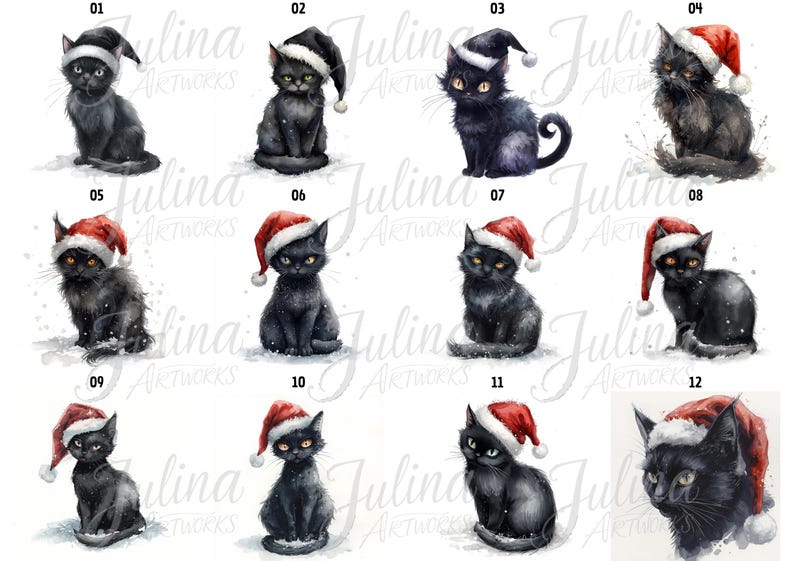 12 Gothic Santa Cat Watercolor Clipart, Cat With Santa Hat, Gothmas ...