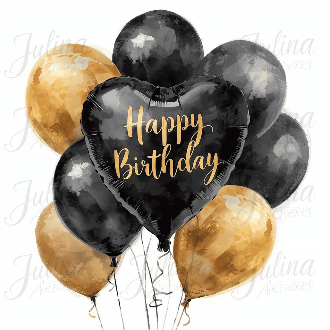 12 Black Gold Birthday Clipart Set, Elegant Party Decoration Watercolor ...