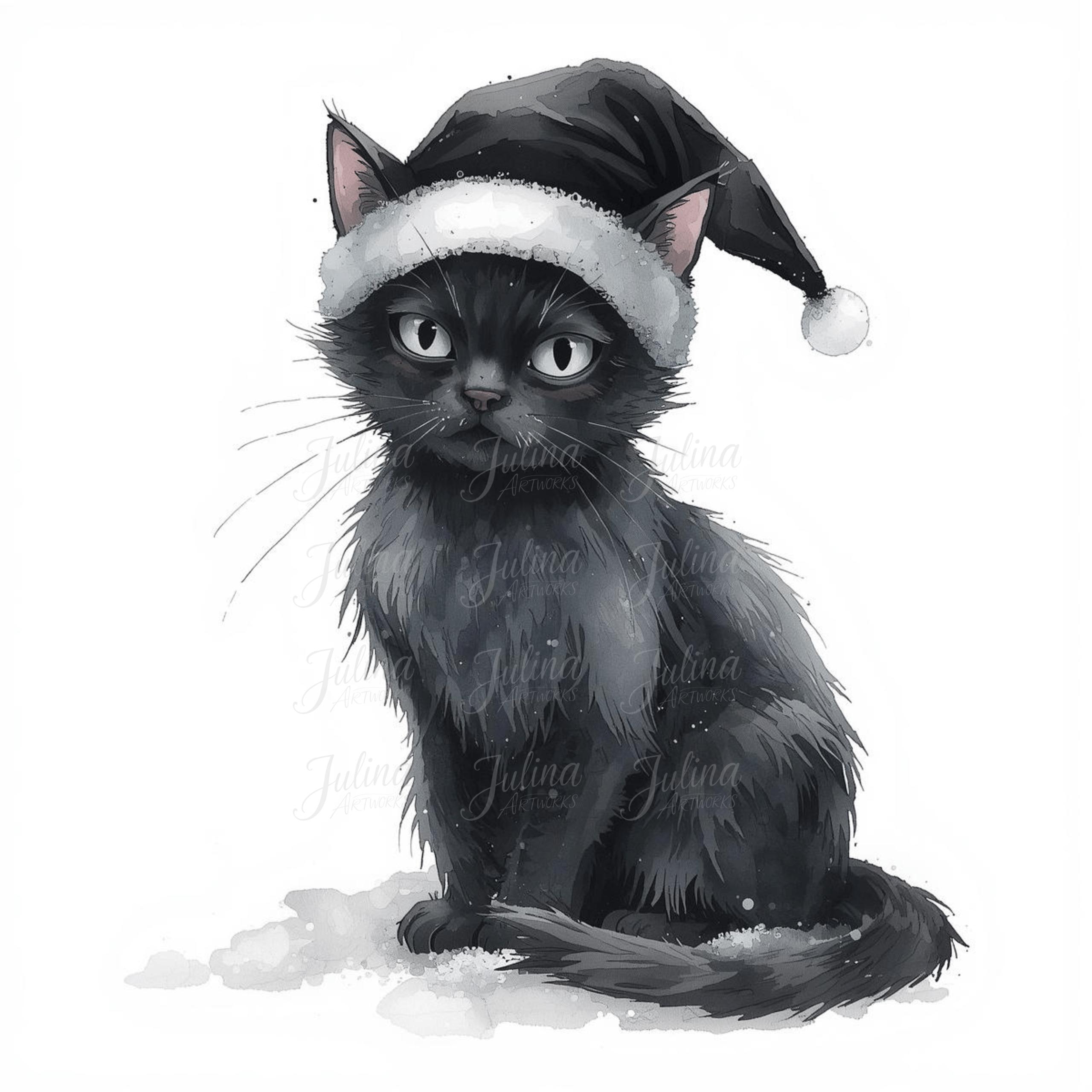 12 Gothic Santa Cat Watercolor Clipart, Cat With Santa Hat, Gothmas ...