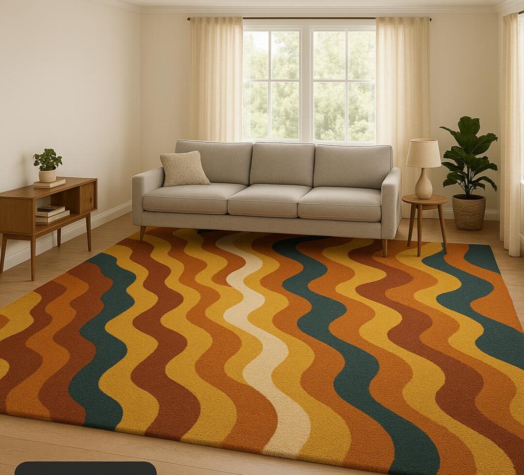 Hand Tufted Retro Wave Pattern Carpet: Mustard, Rust, Teal Living Room ...