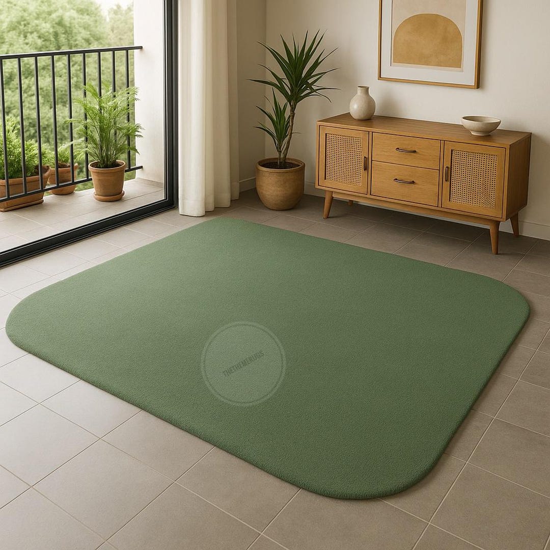 Hand Tufted Sage Green Wool Rug | Minimalist Rounded Rectangle Carpet ...