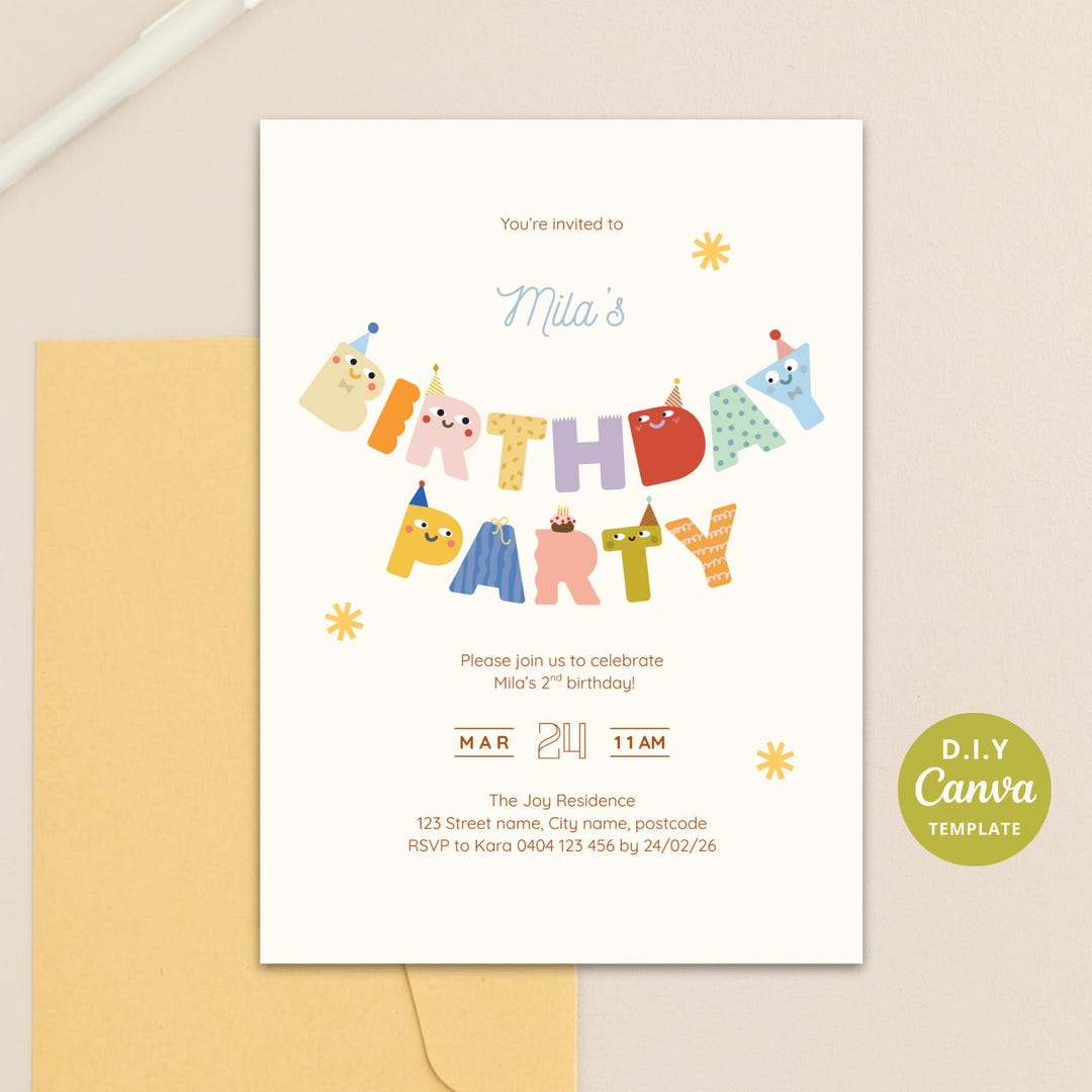 Happy Banner Birthday Invitation: Scandi Smiley Face Banner, Editable ...