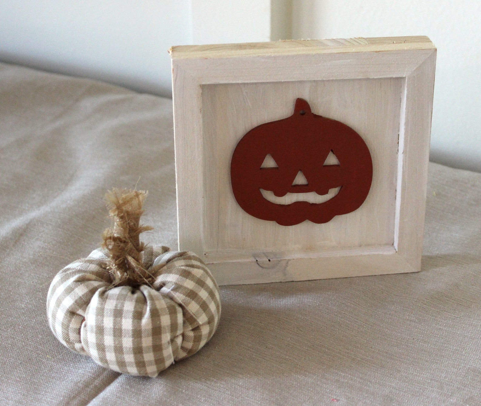 Decorative Fabric Pumpkin Tan and White Gingham Print Fall Decor With ...