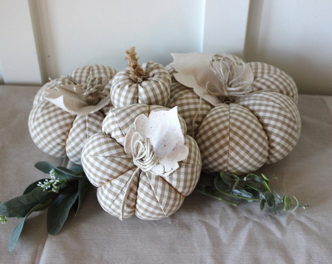 Decorative Fabric Pumpkin Tan and White Gingham Print Fall Decor With ...