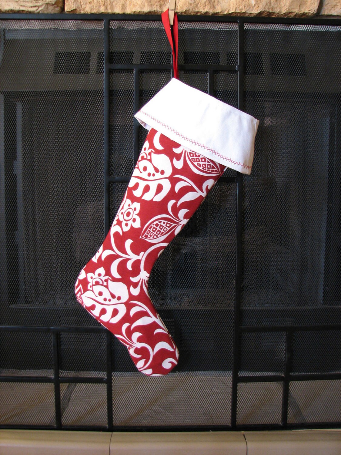 Red and White Botanical Print Christmas Stocking - Etsy