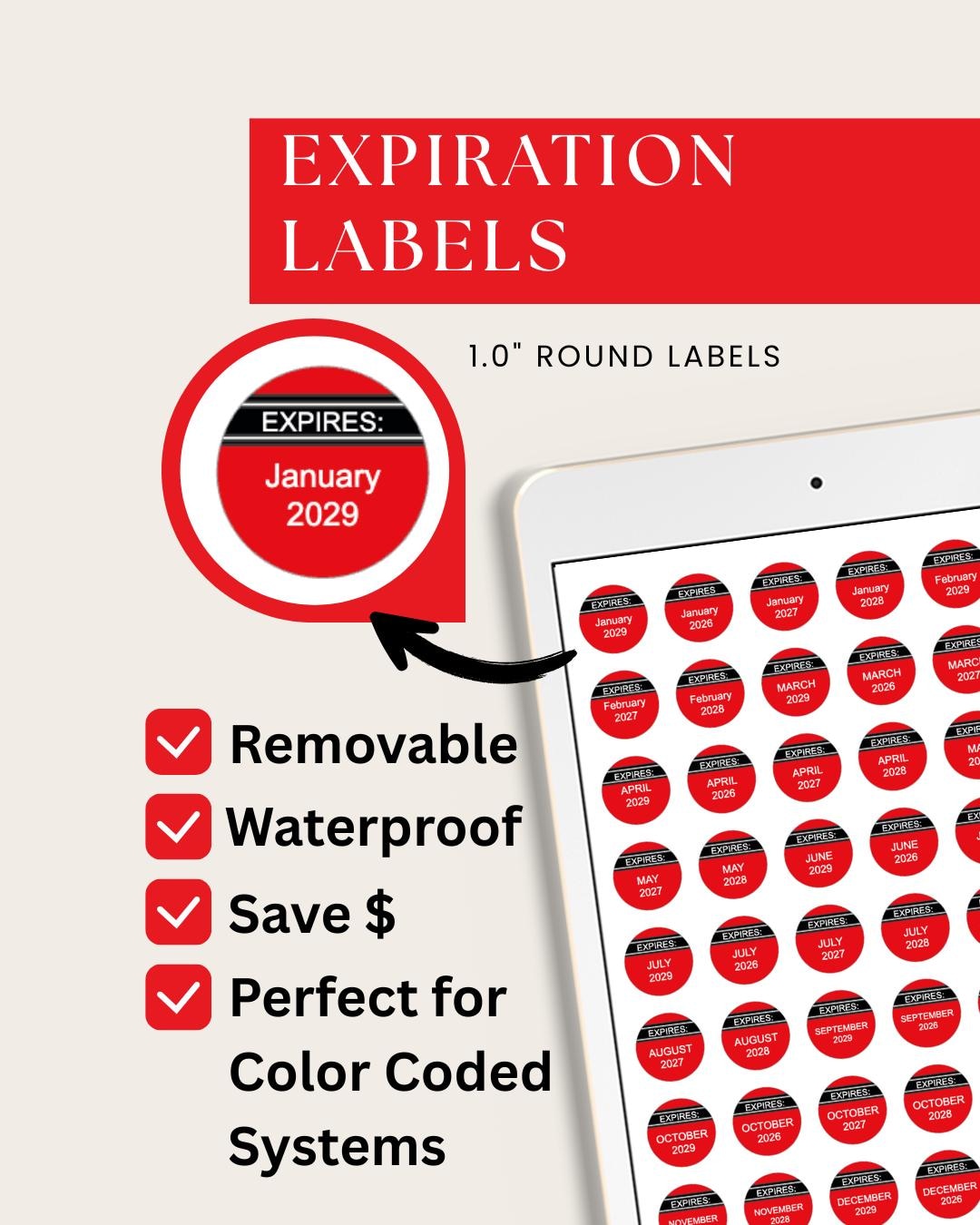48 Red Expiration Labels/ Pharmacy Bottle Toppers / Food Expiration ...