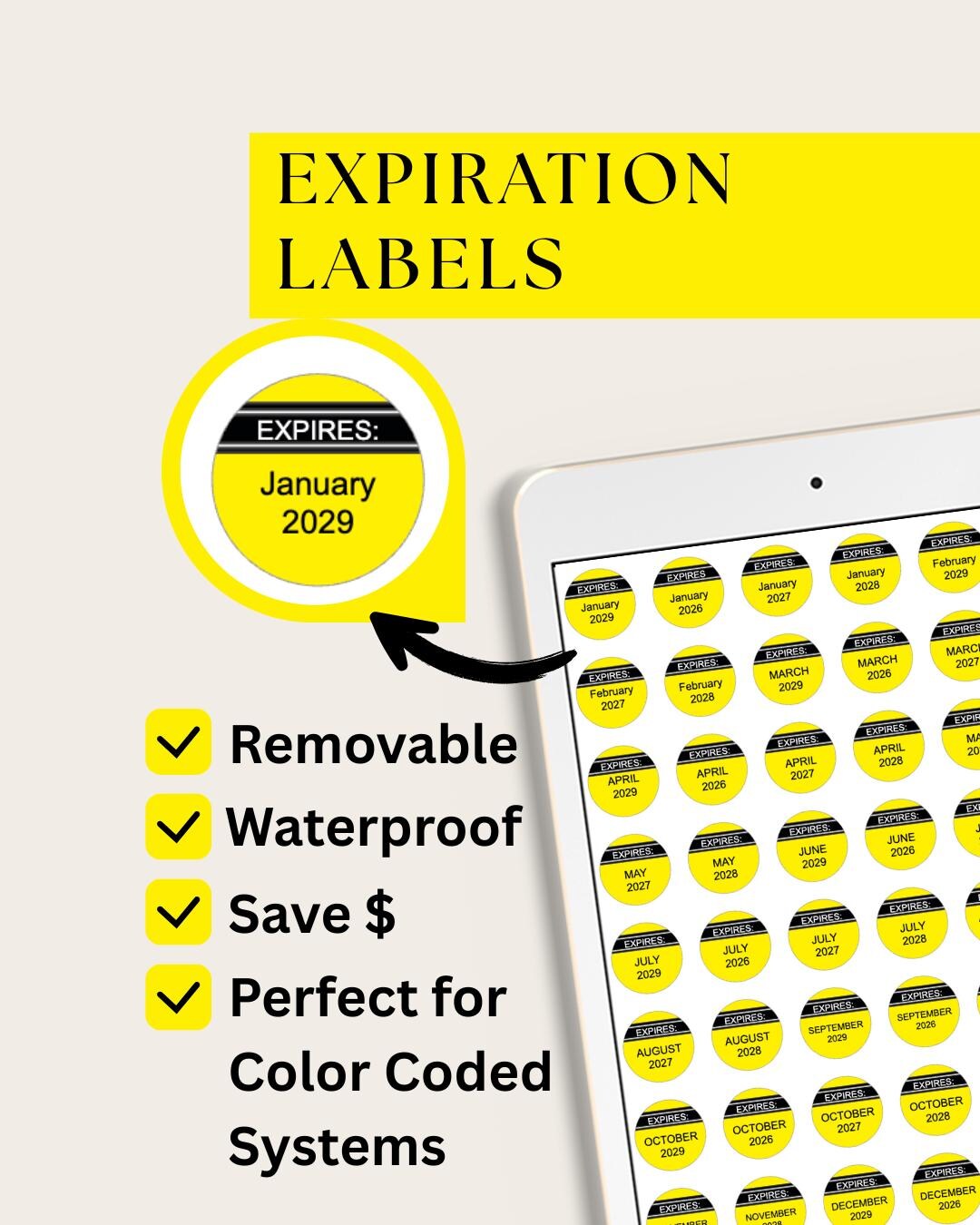 Yellow Expiration Labels/ Pharmacy Bottle Toppers / Food Expiration ...
