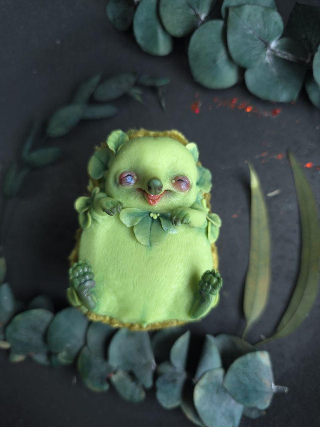 Green Hedgehog Miniature: Polymer Clay Art Doll, Handmade Collectible ...