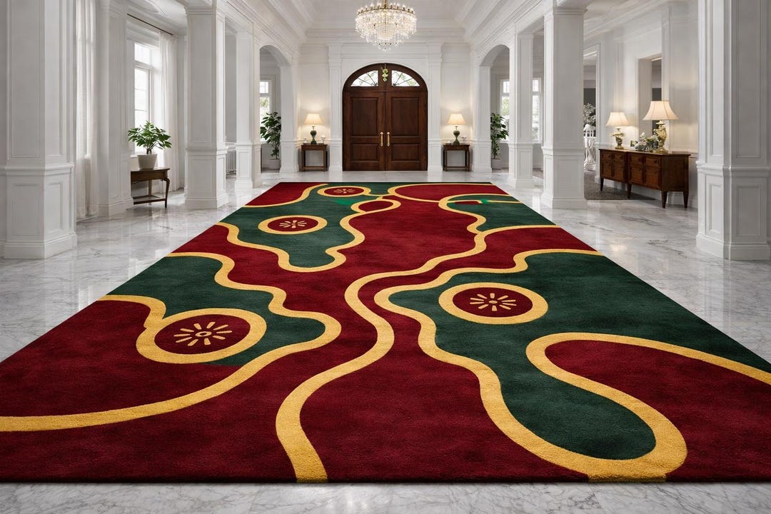 Luxury Hand Tufted Area Rug 15x25 Burgundy, Dark Green & Gold Abstract ...