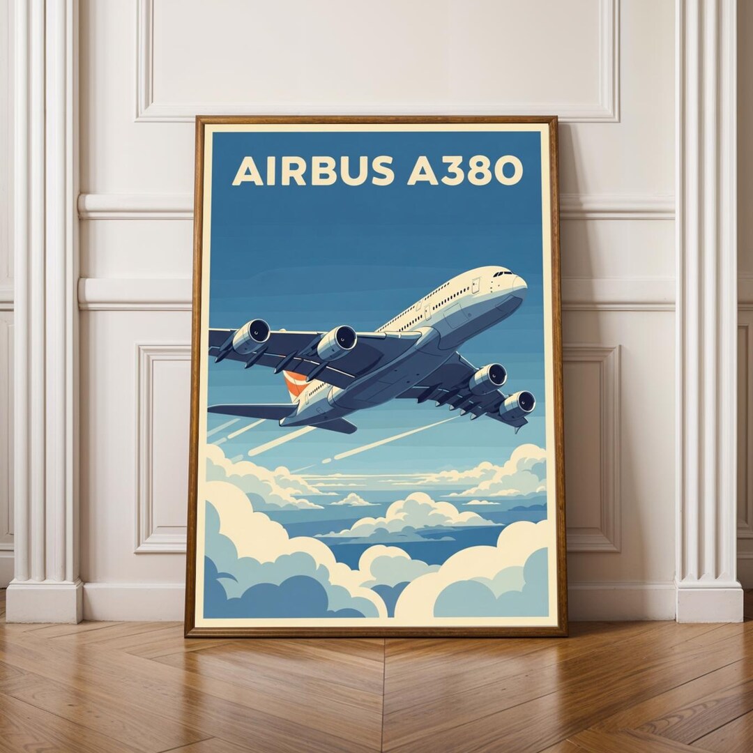 Airbus A380 Aviation Print: Retro Travel Poster, Blue & Orange - Etsy