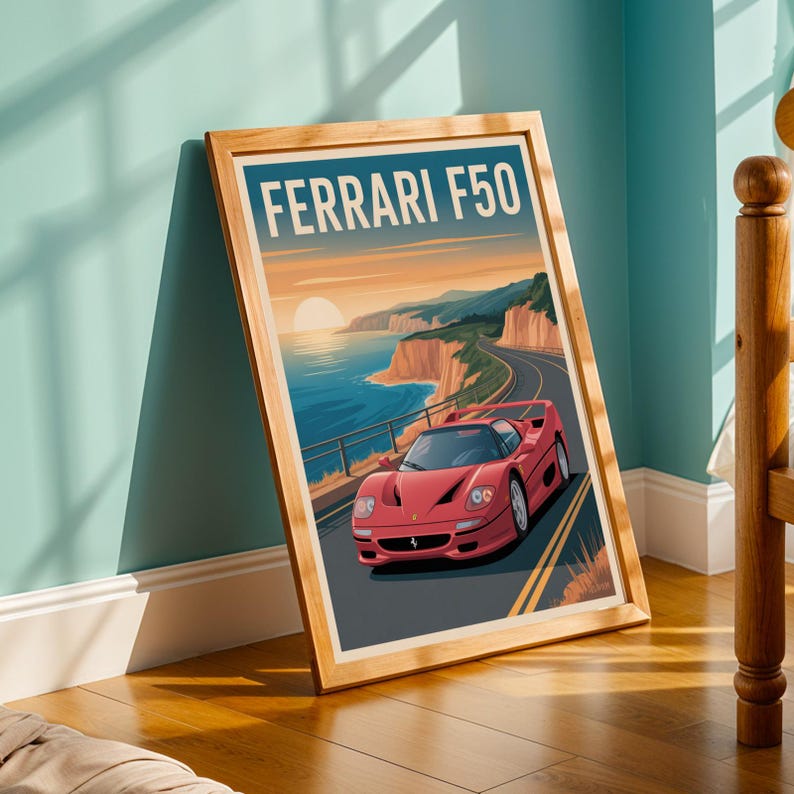 California Coast Ferrari F50 Poster – Vintage Travel Style, Red Car ...
