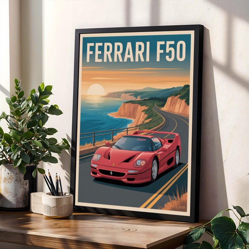 California Coast Ferrari F50 Poster – Vintage Travel Style, Red Car ...