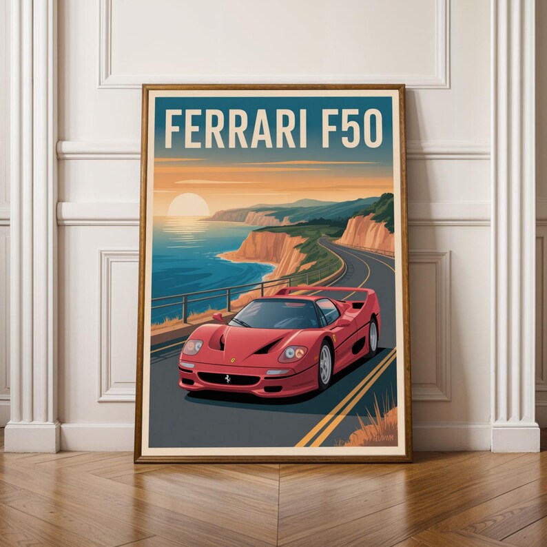 California Coast Ferrari F50 Poster – Vintage Travel Style, Red Car ...