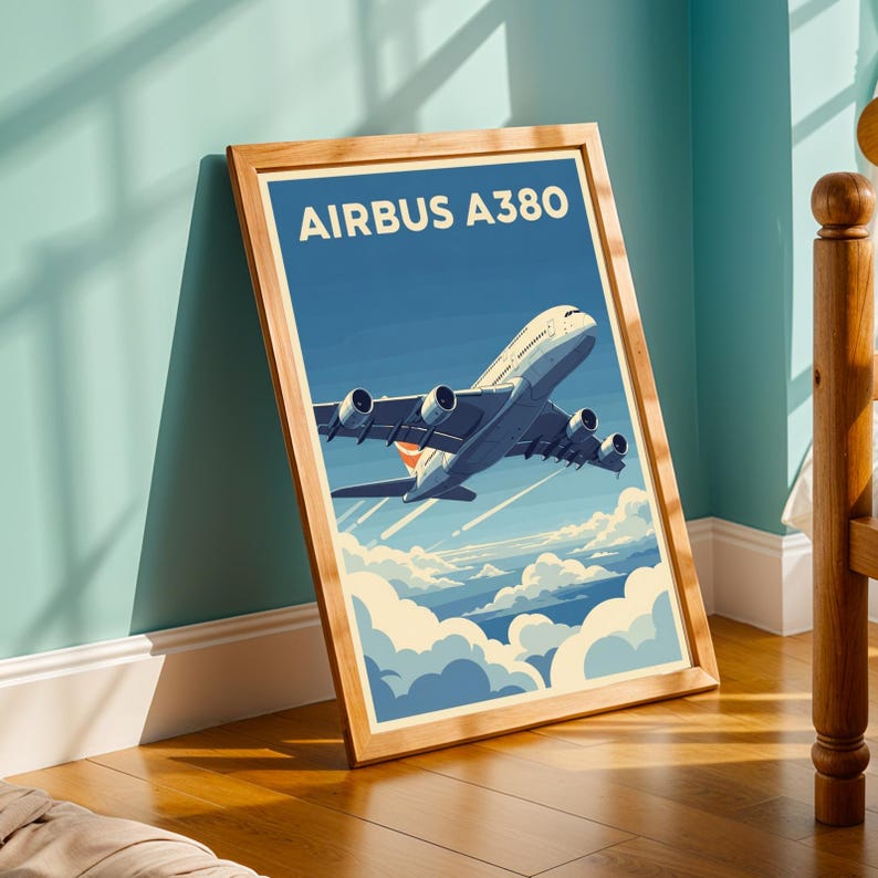 Airbus A380 Aviation Print: Retro Travel Poster, Blue & Orange - Etsy