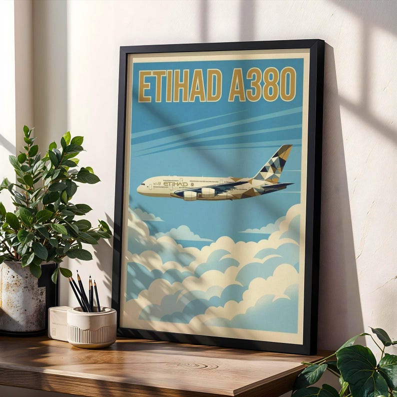 Etihad Airways A380 Art Print - Vector Art, Sky Blue Cream, Flat ...
