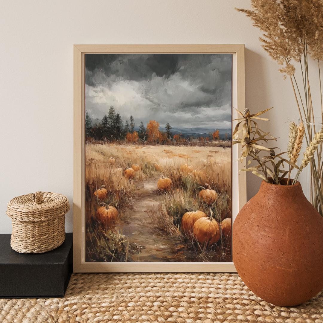 Vintage Pumpkin Field Fall Print – Rustic Cottagecore Wall Art (digital ...